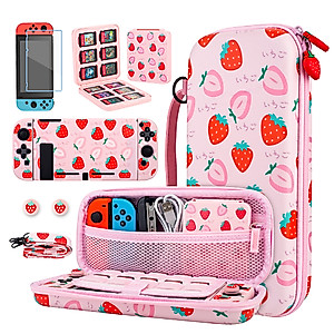 GLDRAM Pink Strawberry Carrying Case Bundle for Nintendo Switch Accessories, Cute Travel Case Kit with Soft TPU Cover, Game Case, Glass Screen Protector, Thumb Grip Caps, Shoulder Strap for Girls