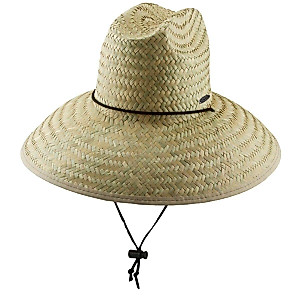 Panama Jack Lifeguard Sun Hat - Palm Fiber Straw, 5" Bound Big Brim, Chin Strap with Toggle, Logo Badge (Natural, One Size Fits Most)