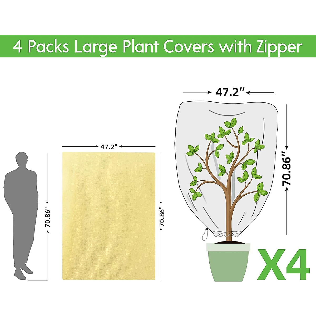 Bonviee 4 Packs Plant Covers Freeze Protection-47.24”×70.86” Large Tree Covers Frost Protection Blankets for Plants, Reusable Shrub Jakets Covers for Winter, with Drawstring & Zipper