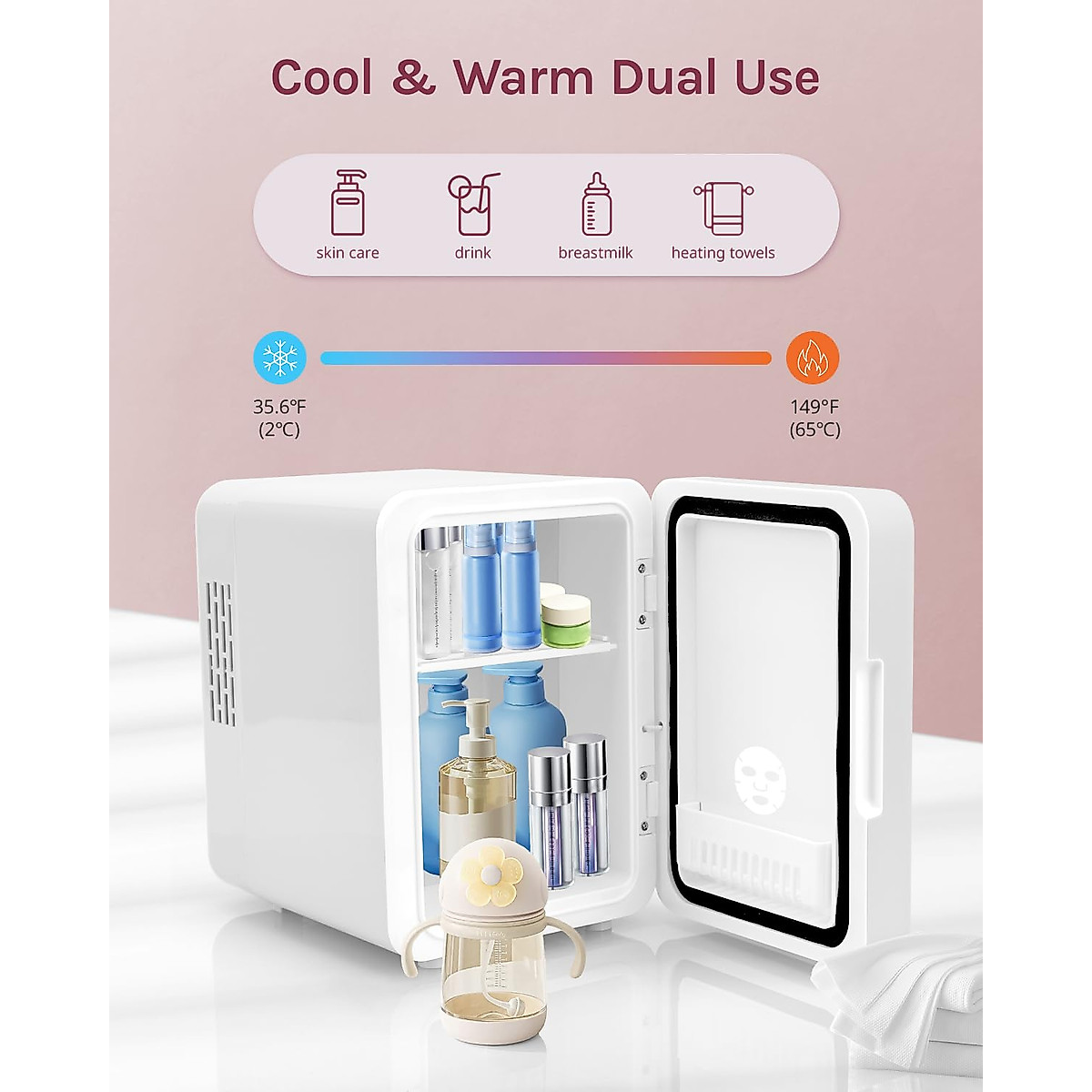 FETIONS Mini Skincare Fridge with Adjustable LED Make Up Mirror, Portable Refrigerator 4L/6 Can Cooler & Warmer, Compact for Skincare,Food and Drinks, Small Fridge for Bedroom,Dorm,Car,Office, White