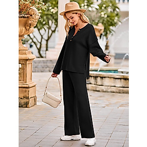 MEROKEETY Women's 2 Piece Outfit Sets Long Sleeve Button Knit Pullover Sweater and Pants Lounge Sets Black Large
