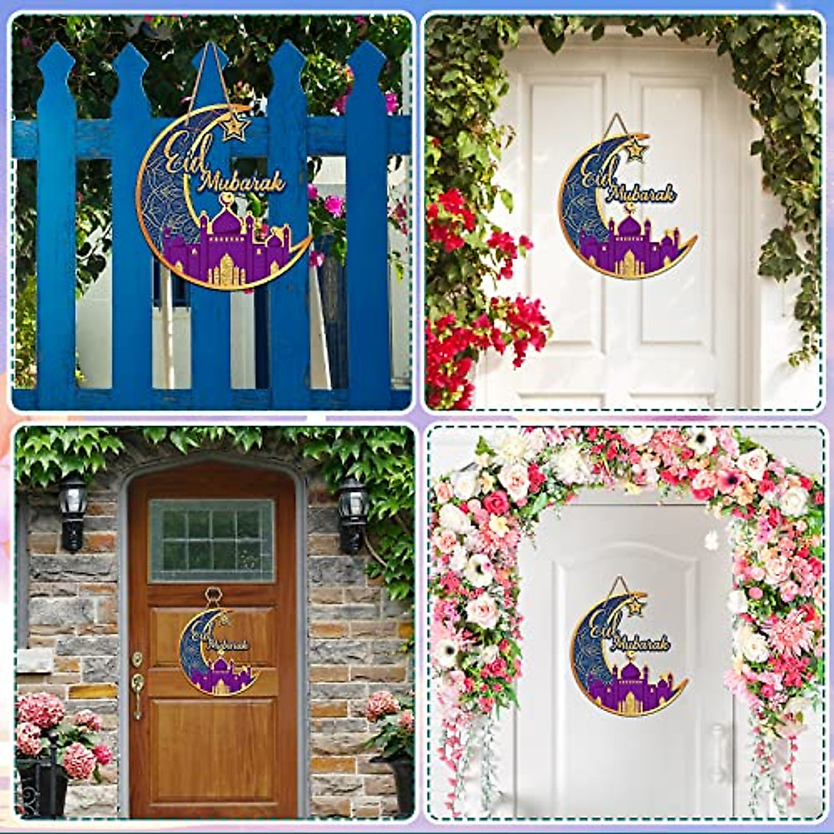 SIOCHOME Eid Ramadan Mubarak Door Decorations 11.5" Ramadan Mubarak Moon Handing Sign Eid Ramadan Decorations for Front Door Wall Window Decor Islamic Home Party Supplies