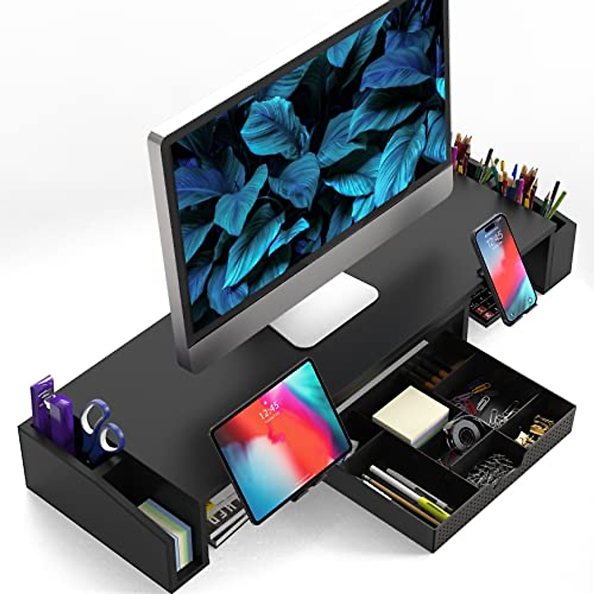 Simple Houseware Desk Dual Monitor Stand Riser with Drawer, Black