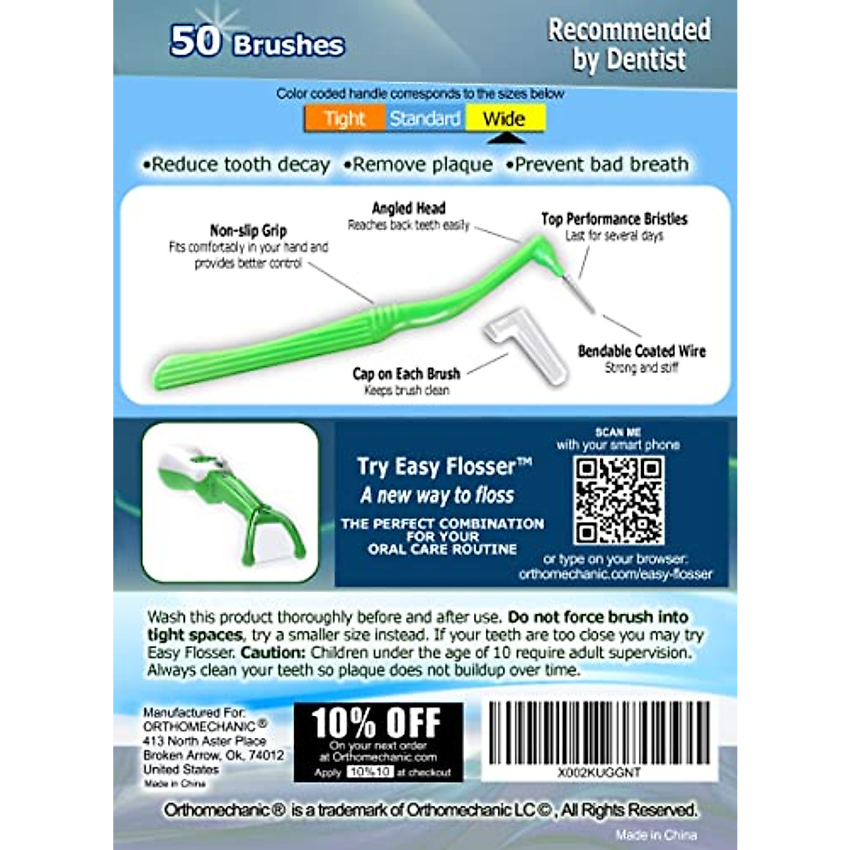 Orthomechanic Interdental Brush Angle Cleaners - Jumbo Pack (50 Brushes) (Standard) - Remove Plaque - Toothpick