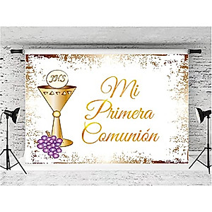 Holy Communion Party Backdrop Photograph Mi Primera Comunion Purple Grapes Background God Bless Decor Prop Photozone Photo Studio Banner Vinyl (7ft×5ft)