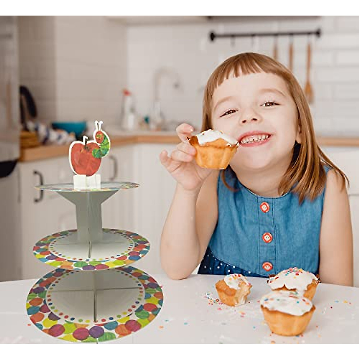 Cartoon Very Hungry Little Green Caterpillar Cupcake Holder Dessert Cupcake Tower Display Insects Pastry Serving Platter Decor for Boy Girl 1st Party Baby Shower Party Decorations Photo Booth Props