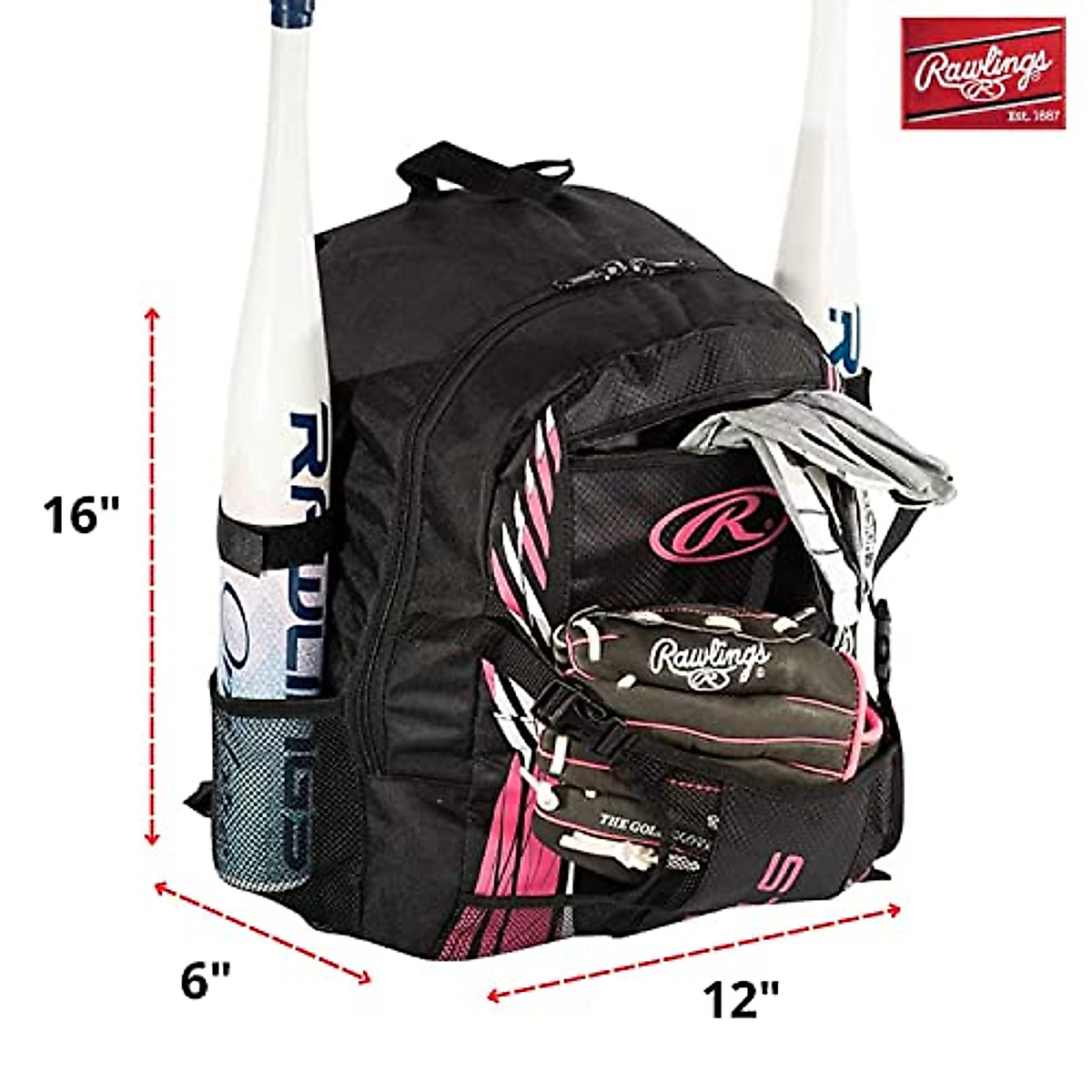 Rawlings Storm Girls Softball Bag - Sized for Youth Softball Backpack for Girls or TBall Bag – Holds Two Bats – Includes Hook to Hang on Fence - Black and Pink