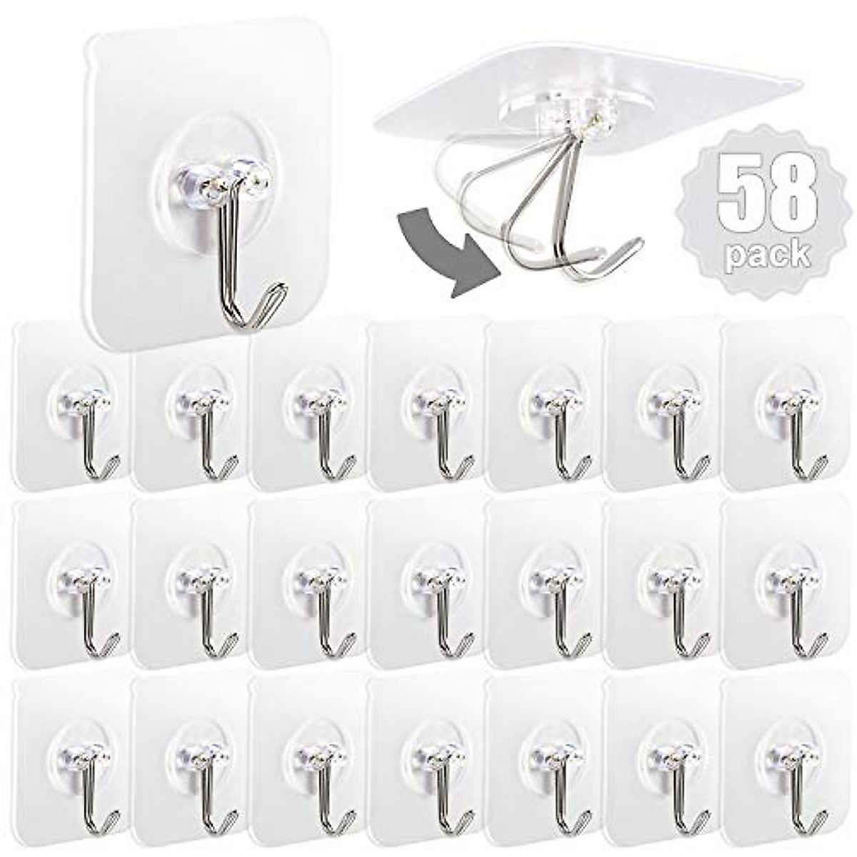AROIC Adhesive Hooks for Hanging, 58 Packs Command Hook Heavy Duty Self Adhesive Wall Hooks 20 lbs / 9 kg (Max), Removable, Waterproof Hook for Bedroom Kitchen Bathroom