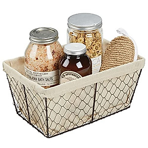 mDesign Medium Metal Farmhouse Home Storage Organizer Basket - Chicken Wire Design, Fabric Liner for Kitchen, Bathroom, Living Room, Pantry, Cupboard, Shelves, Countertop, 2 Pack - Bronze/Natural