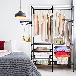 Clewiltess Garment Freestanding Clothes Organizer Closet, Metal Hanging Storage Organizer Rack Wardrobe with Shelves& Hanging Rods,Clothes Hanger Organizer (Black)
