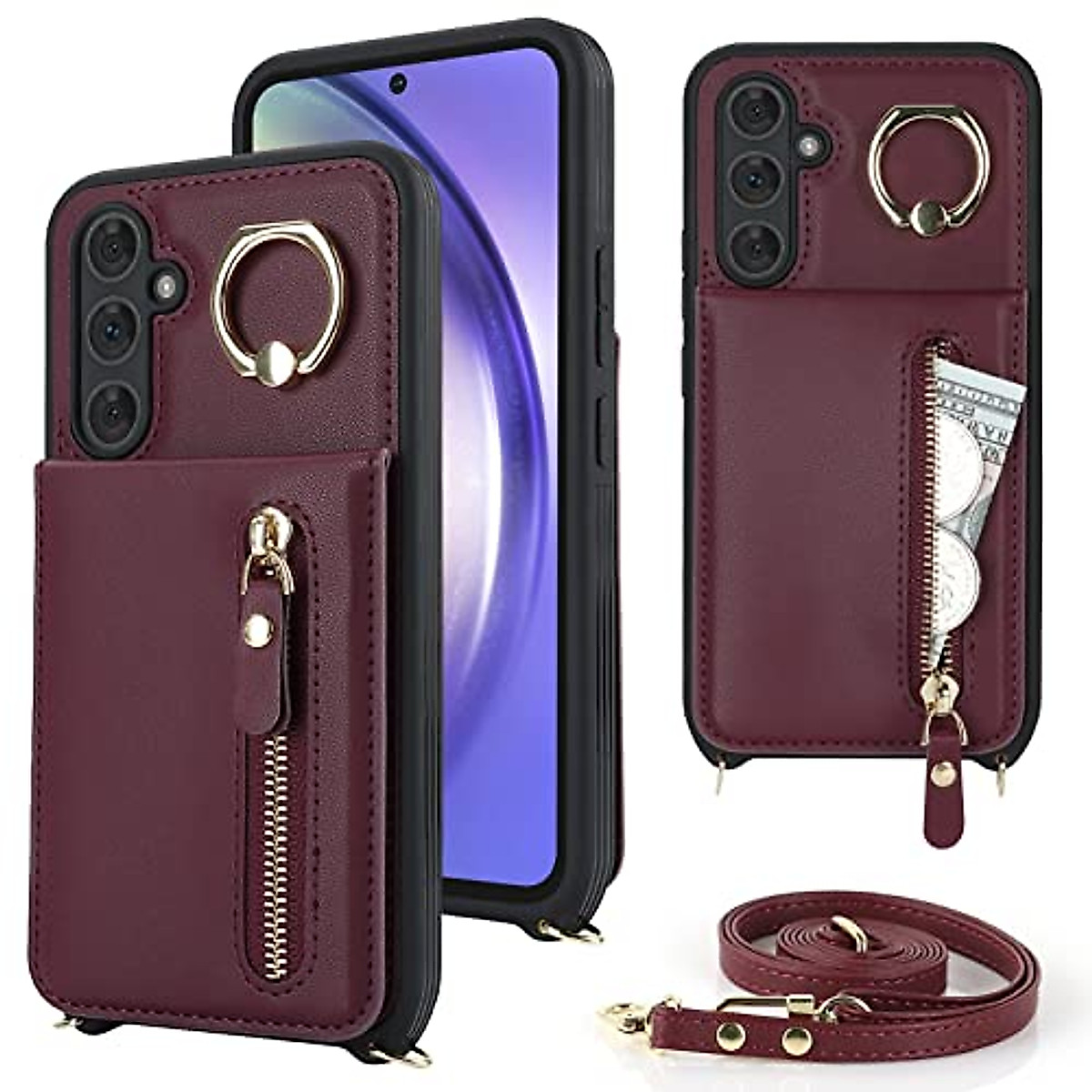 Jaorty Samsung Galaxy A54 5G Phone Case for Women with Card Holder,Samsung A54 Case Wallet Crossbody Lanyard with Strap,Credit Card Slots Kickstand Case with Ring Holder,6.4 Inch,Burgundy