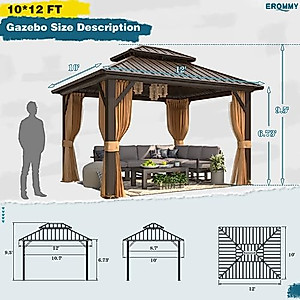 EROMMY 10' x 12' Gazebo, Galvanized Steel Double Roof Hardtop Gazebo with Aluminum Frame, Permanent Outdoor Metal Pavilion with Curtain and Netting for Patio, Lawn and Garden