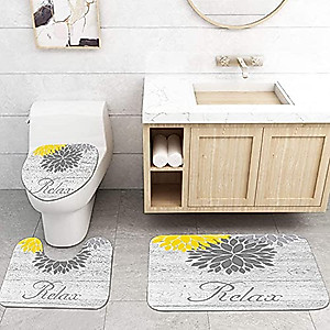 DuoBaorom 4 Pieces Set Yellow Grey Flower Shower Curtain Set Dahlia Floral Relax Sign Picture Print on Non-Slip Rugs Toilet Lid Cover Bath Mat and Bathroom Curtain with 12 Hooks 72x72inch
