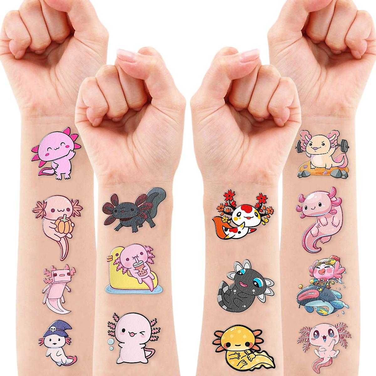 Axolotl Temporary Tattoos Stickers - 8 Sheets 74pcs | Super Cute Party Favors for Kids | Ideal Birthday Party Decorations and Classroom Prizes Safe and Fun Fake Tattoos | Perfect Gifts for Boys Girls