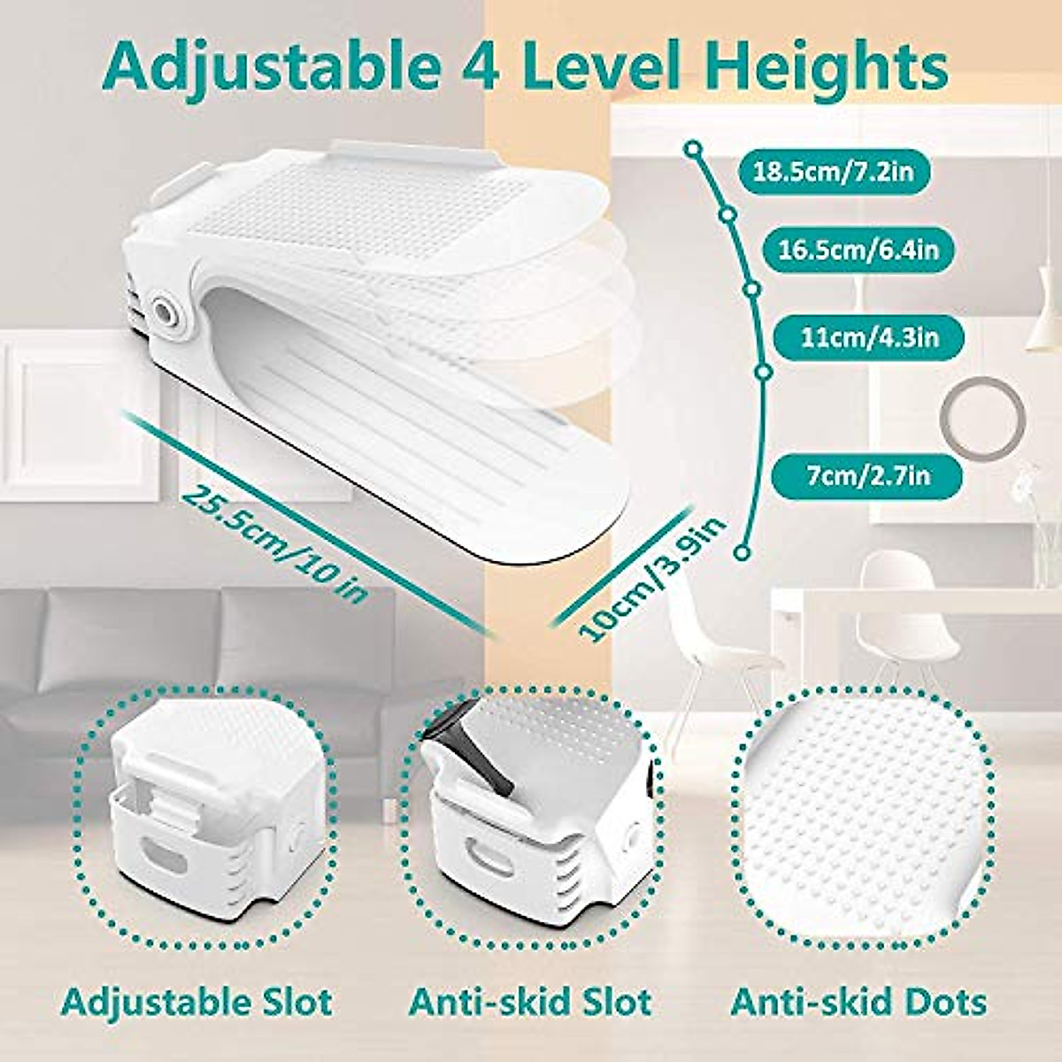 JGUSVYT Shoe Slots Organizer Under Stairs Storage, Adjustable Double Layer Stack Shoe Rack, 50% Space Saver for Closet Organization White