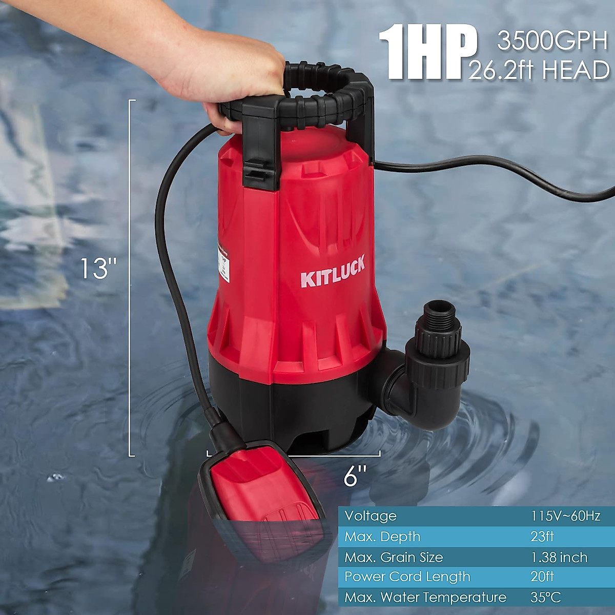 KITLUCK Sump Pump, 1HP 3500GPH Submersible Water Pump with Float Switch, 20ft Rubber Cord, Portable Handle, Sump Pump for Pool Draining, Remove Clean/Dirty Water for Flood Basement, Garden, Pond, Tub
