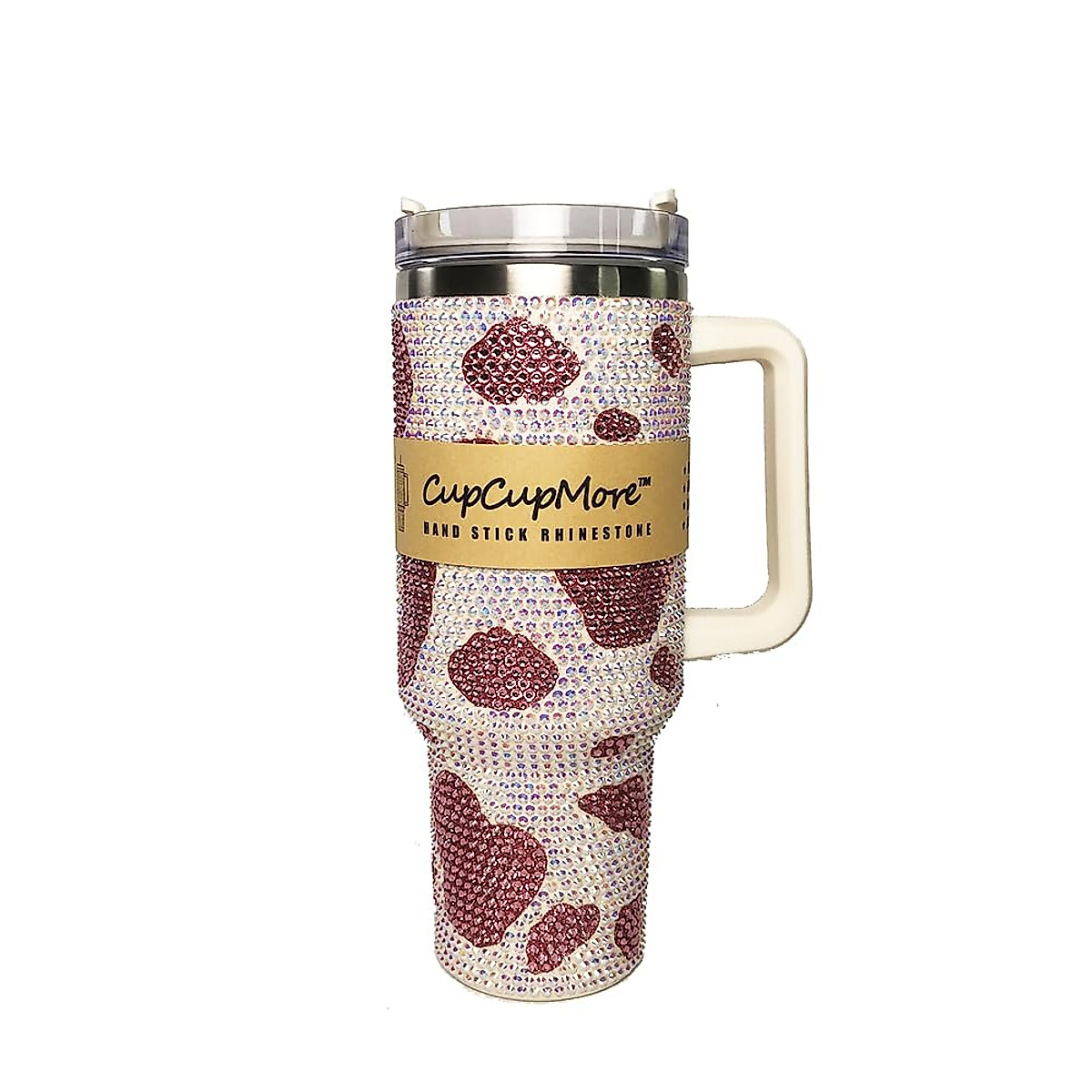 Cupcupmore 40oz Pink Cow Bling Rhinestone Stainless Steel Sippy Tumbler Glitter Vacuum Insulated Water Bottle with Straw & Lid & Handle,Thermos for Hot & Cold Drinks,Car Cup Holder,Coffee