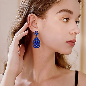 EleQueen Women's Wedding Bridal Austrian Crystal Bohemia Teardrop Chandelier Dangle Earrings Royal Blue Color Blue-Tone