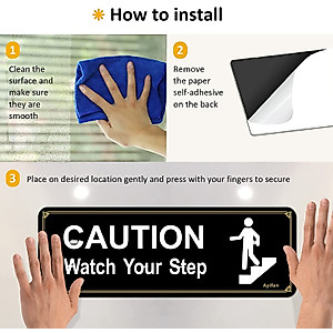 4 Pack Caution Watch Your Step Sign for floor, Acrylic with Symbols Self-adhesive for Home and Business Restaurants Offices 9"x3" Black Gold Easy to Mount Outdoor or Indoor Use Black