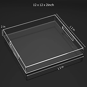 NIUBEE Clear Serving Tray 12x12 Inches -Spill Proof- Acrylic Decorative Tray Organiser for Ottoman Coffee Table Countertop with Handles