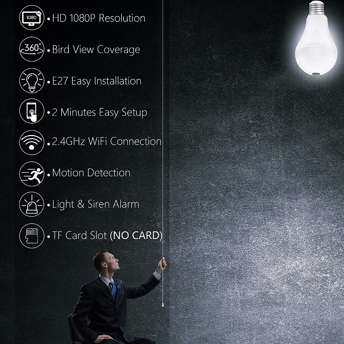 TIENCIY Home WiFi Light Camera, Full HD 1080P Wireless Camera 2.4GHz 360 Bird View Wi-Fi Security IP Camera Remote Viewing Camera Night Vision Motion Detection for Home/Office/Baby/Pet