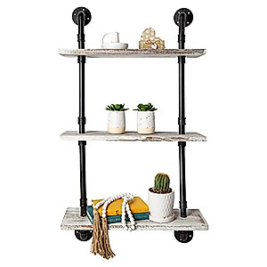3-Tier Industrial Shelves – Wall-Mount, Farmhouse Shelves w/ Rustic Wood and Black Matte Pipe Brackets for Kitchen, Laundry Room, Living-Room and More – Decorative, Retro Bookshelf - Rustic White