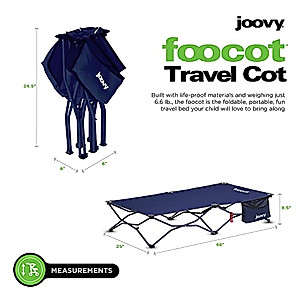 Joovy Foocot Travel Cot Featuring a Steel Frame and Tough Polyester Fabric, Storage Pocket, and Easily Folds into Included Travel Bag – Holds Kids Up to 48” Tall or 75 Lbs (Blueberry)