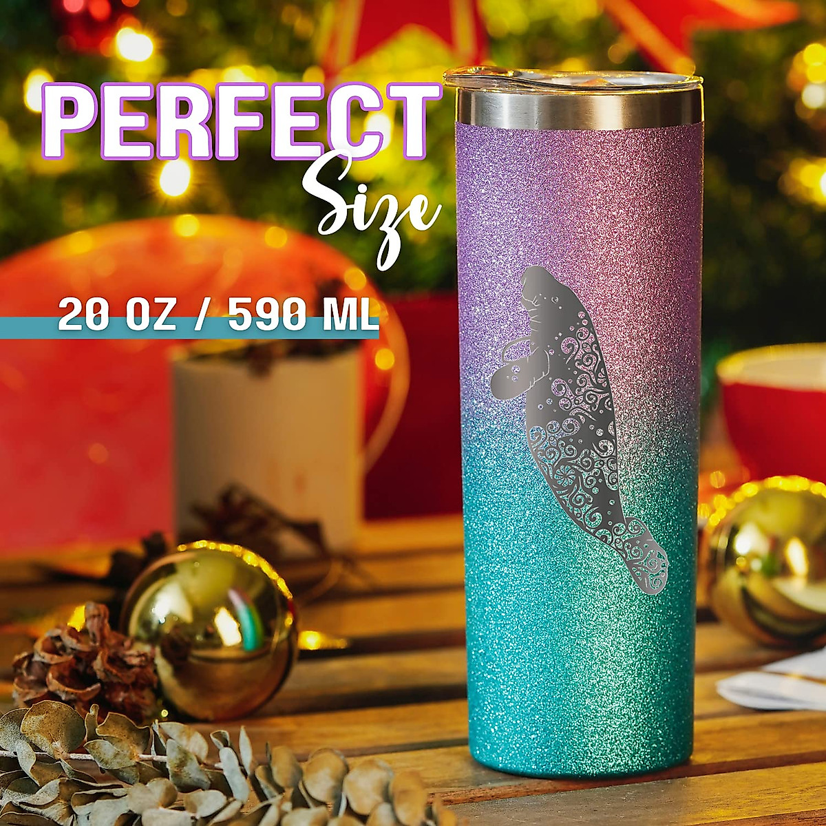 Onebttl Manatee Gifts for Women/Girls, 20 oz Skinny Tumbler with Lid and Straw, Best Gifts for Manatee Sea Animals Lovers on Christmas/Birthday, Gift Box Included, Purple Glitter