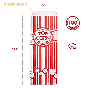Alitte Paper Popcorn Bags (100-Pack) 2 oz Individual Servings - Leakproof Bottom, Holds 4 Cups of Popcorn - Classic Red and White Stripes, for Movie Night, Carnival, Party, Theater, and Snack Bars