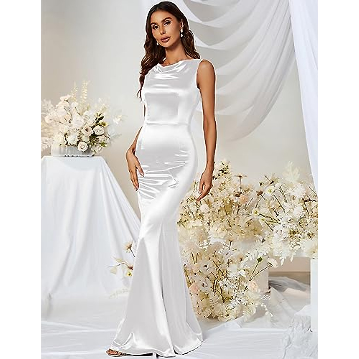 MUXXN Women's Fishtail Wedding Guest Formal Evening Cocktail Long Maxi Sleeveless Dress Off White L