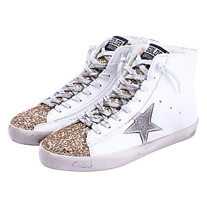 SATUKI Women's High Top Fashion Flat Sneakers Distressed Design Lace up Star Glitter Shoes (Gold, numeric_9)