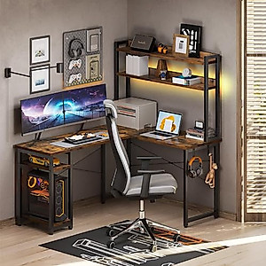 KKL L Shaped Desk with Hutch and Storage Shelves, 59" Inch Home Office Corner Computer Worstation Gaming Desk Rustic Brown