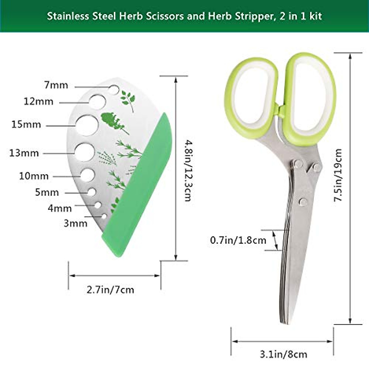 Herb Scissors Herb Stripper Set, Luxiv Stainless Steel Herb Cutter Tools 5-Blades Scissors with Herb Stripping Tool, Safe Cover, Cleaning Comb Multi-blade Herb Shears 2 IN 1 Herb Tools Kits (Green)