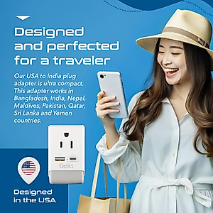 Ceptics US to India Plug Adapter, Type D Plug Adapter QC 3.0 & PD, Safe Dual USB & USB-C 18W, India Plug Adapter Fast Charging - Powerful 2 USA Sockets - Use in Pakistan Nepal Sri Lanka - AP-10