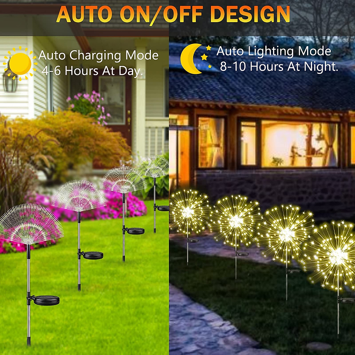 2-Pack Solar Garden Lights Outdoor Decorations, 180 LED Solar Firework Lights Waterproof with 2 Modes, String Solar Powered Lights Outdoor for Pathway Yard Party Wedding Patio Walkway(Warm White)