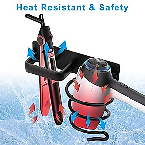 Black Hair Dryer Holder Wall Mounted, Bathroom Hair Styling Care Tool Organizer for Blow Dryer, Hair Straighteners, Space Saving Storage Bracket with Plug Hook & Cup