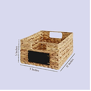 Hyancynt storage Baskets, 12 x 9 x 5 inches, with Linen and Chalk Markers, Natural Materials, wicker Water Hyacinth Baskets, rectangular Wicker Baskets (4 units)