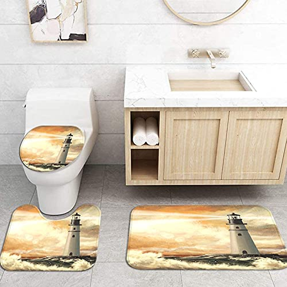 SiMiWOW Lighthouse Shower Curtain Set with Rugs,Nautical Ocean Lighthouse Rugs Bathroom Decor Sets
