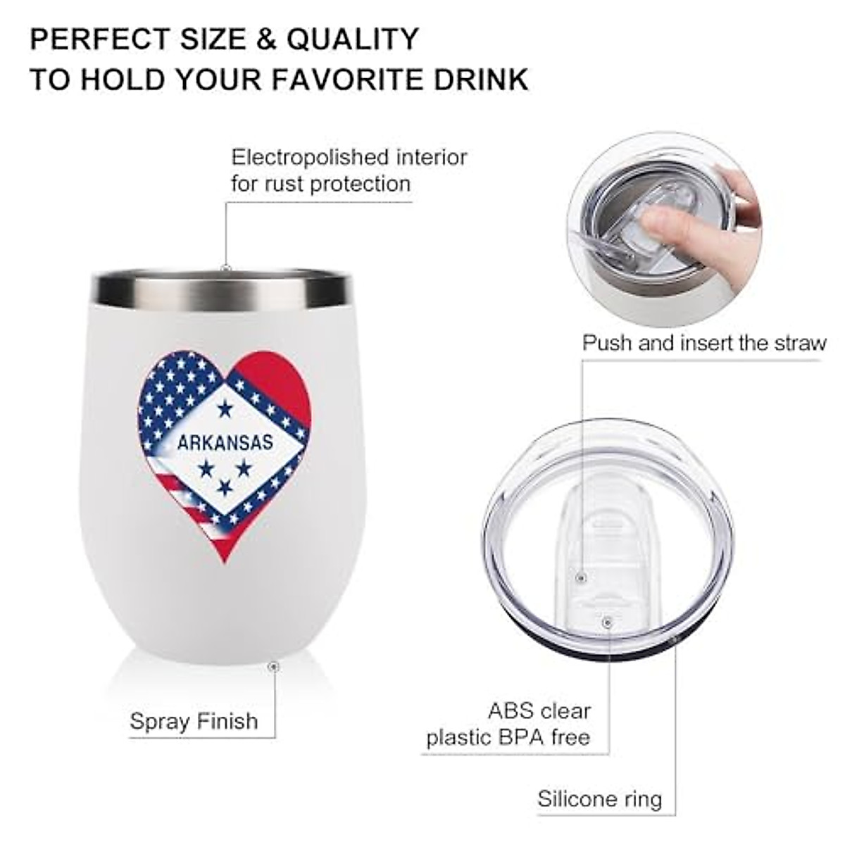 U.S.A. State of Arkansas Flag Heart Funny Wine Tumbler 12 Oz Stainless Steel Insulated Mug Double Wall Water Cup with Lid