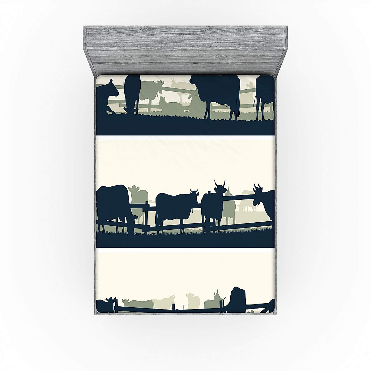 Ambesonne Fence Fitted Sheet, Agriculture Theme Grazing Farm Animals Cows Bulls Silhouette Rural, Soft Decorative Fabric Bedding All-Round Elastic Pocket, Full Size, Petrol Blue