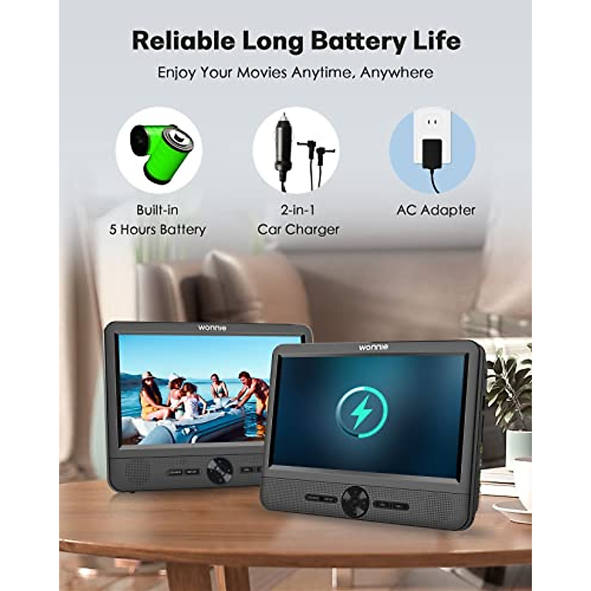 WONNIE 10" Car DVD Players, Portable DVD Player Dual Screen Play Two Different or The Same Movie with 2 Headrest Mount, 5 Hours Rechargeable Battery, Last Memory, AV Out&in, Support USB/SD/Sync TV