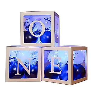FIGEPO First Birthday Balloons Boxes with 3 LED String Lights and 12 Blue Balloons 12 Confetti Balloons ONE Transparent White Blocks for Baby Boy 1st Birthday Decorations baby shower Photo Shoot Prop