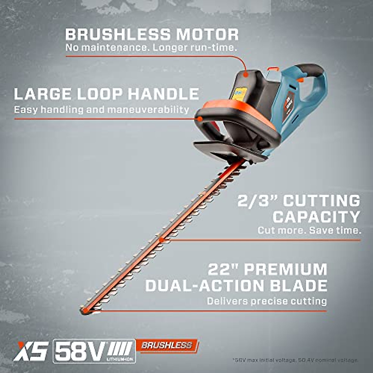 SENIX X5 58 Volt Max* Battery Powered 22-Inch Cordless Hedge Trimmer with Brushless Motor, Double-Sided Dual Action Blades, 2/3-Inch Cutting Capacity, 2.5 Ah Battery & Charger Included (HTX5-M)
