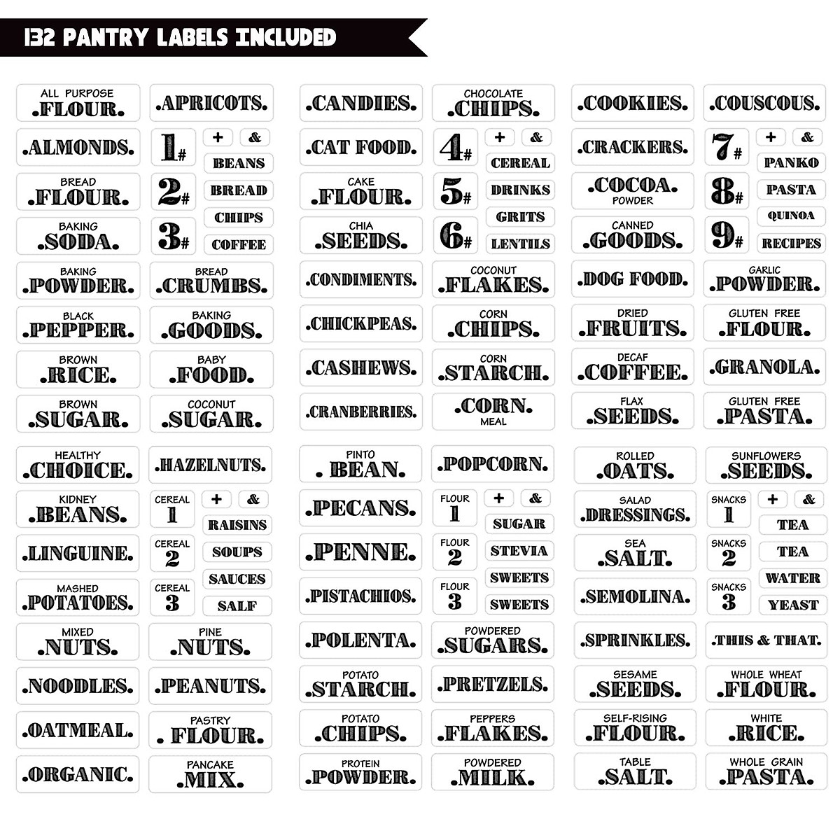 132 Clear Pantry Labels Sticker, Farmhouse Bold Cute Preprinted Pantry Names Stickers, Various Sizes Water Resistant Food Labels for Jars Canisters, Kitchen Organization and Storage W/extra "+"、"&"