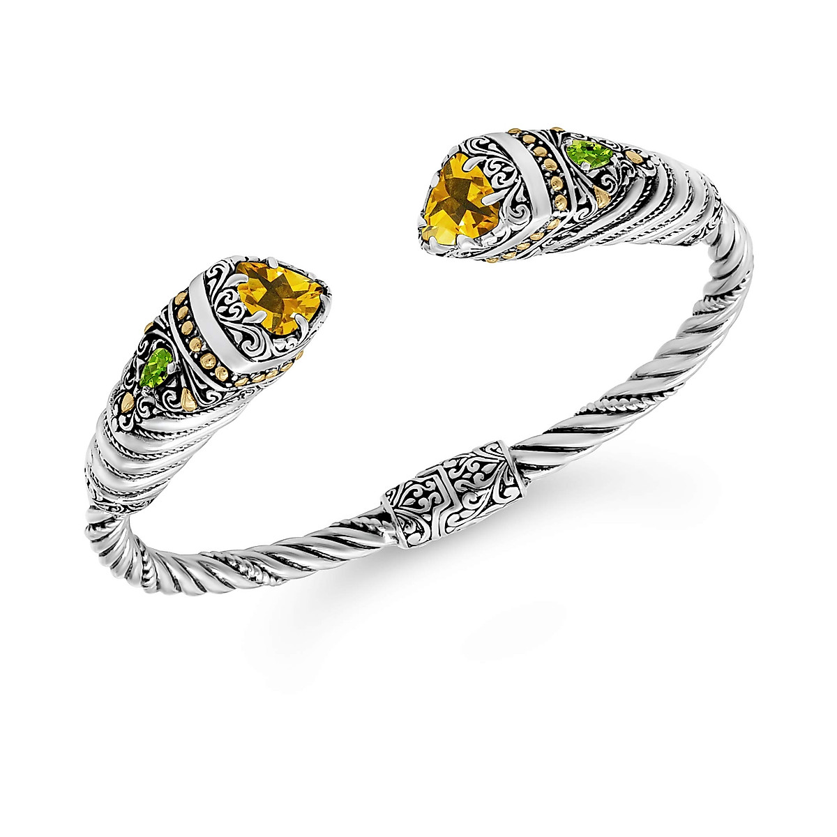 DEVATA Sterling Silver 925 and 18K Gold with Citrine and Peridot Bali Filigree Cuff Bracelet DHK3586CT (Size M)