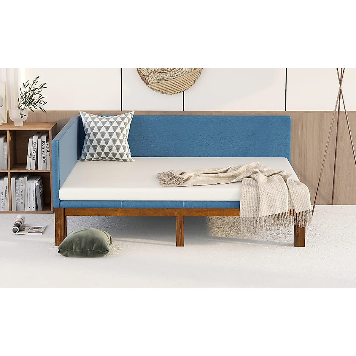 YUNYO Upholstered Full Daybed, Wood Full Size Daybed Frame with Linen Fabric,Mid-Century Full Size Bed Sofabed Frame for Bedroom, Living Room,Blue