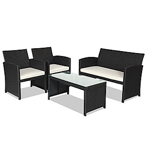 Goplus 4-Piece Rattan Patio Furniture Set, Outdoor Wicker Conversation Sofa with Weather Resistant Cushions and Tempered Glass Tabletop for Lawn Backyard Pool Garden (White(Black Wicker))