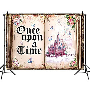 MAQTT Fairytale Book Photography Backdrop 7x5ft Once Upon A Time Backdrop for Girls Birthday Party Decoration Pink Flowers Butterfly and Castal Princess Backdrop for Baby Shower Cake Table Decor