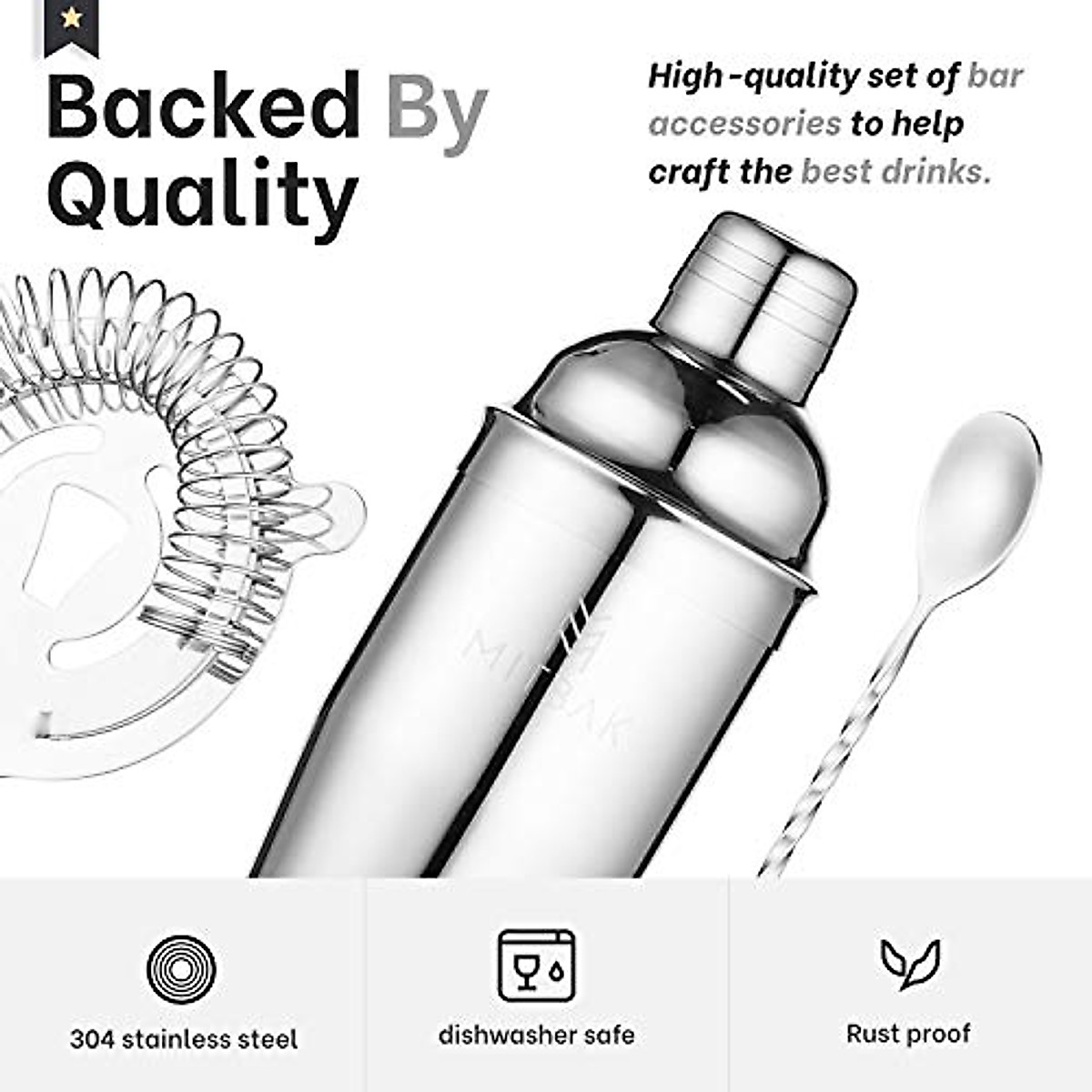 Mitbak Bartender Kit | 20-Piece Bar Accessories Set | Look Like A Pro With 25 OZ Cocktail Shaker Bottle, Strainer, Jigger, Steel Straws, Whiskey Stones & More | Excellent Gift