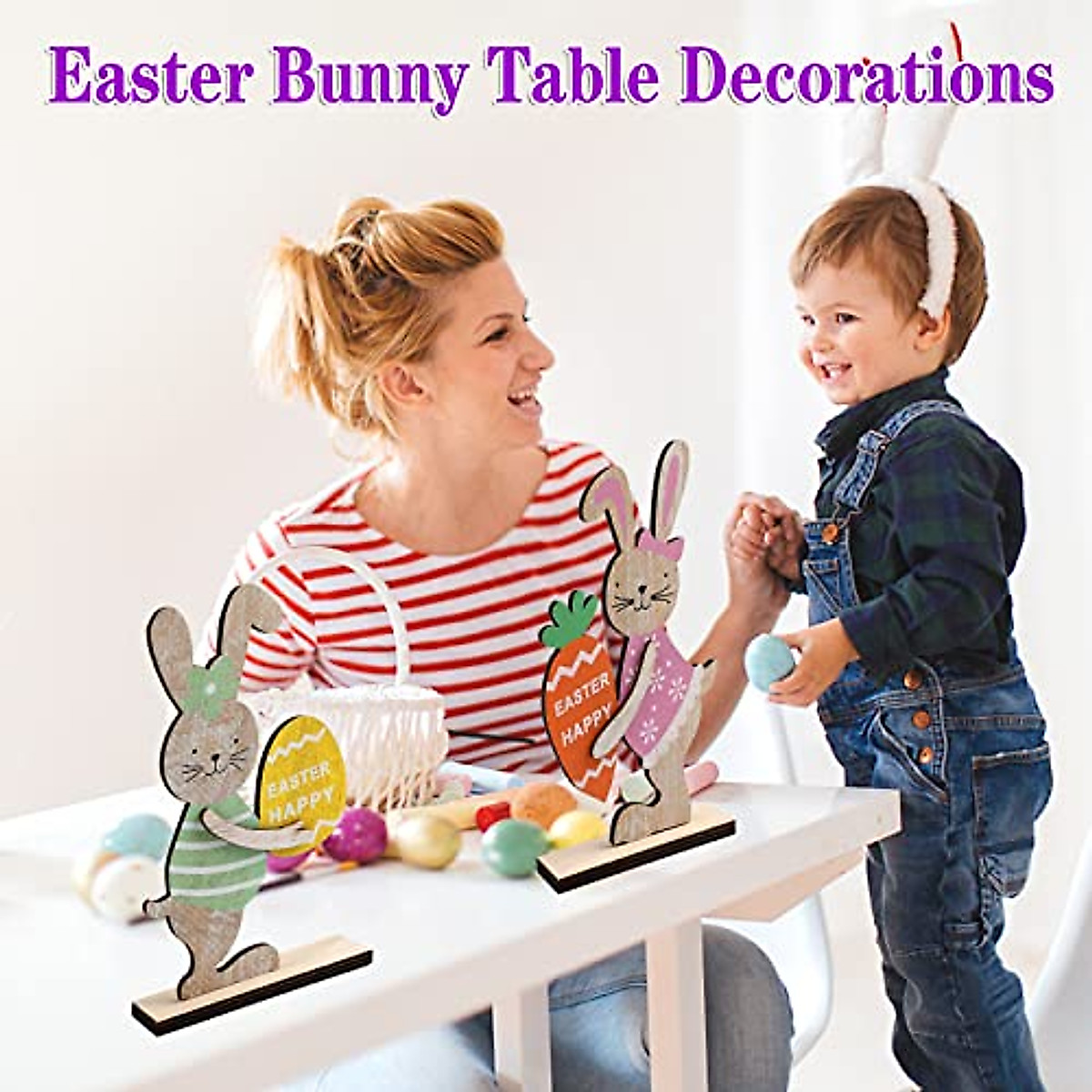 Easter Decorations for the Home 2 Pcs Wooden Easter Bunny Table Decorations Happy Easter Wooden Table Signs with Eggs Carrots for Table Living Room Office Farmhouse Spring Party Holiday Home Decor